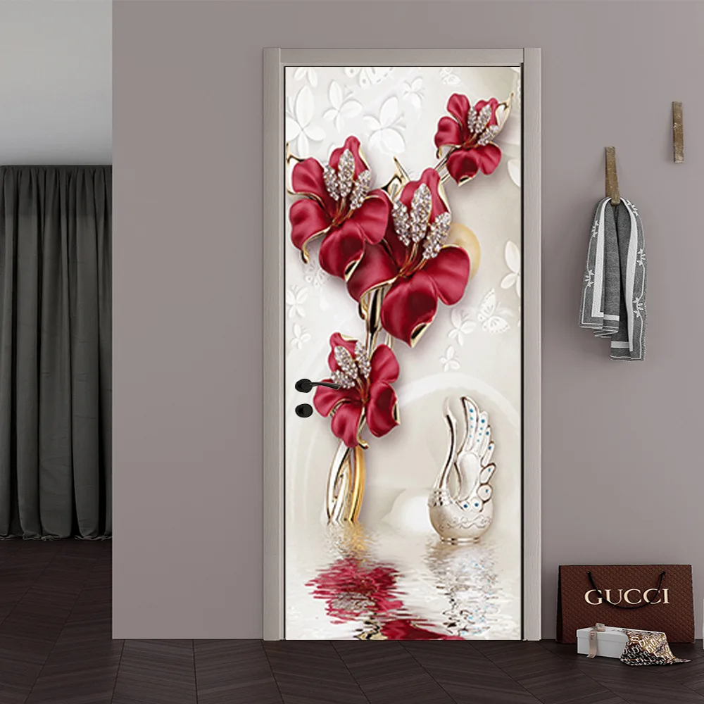 Flower Door Sticker 3D Wallpaper Adhesive Romantic Rose Custom Wall r ...