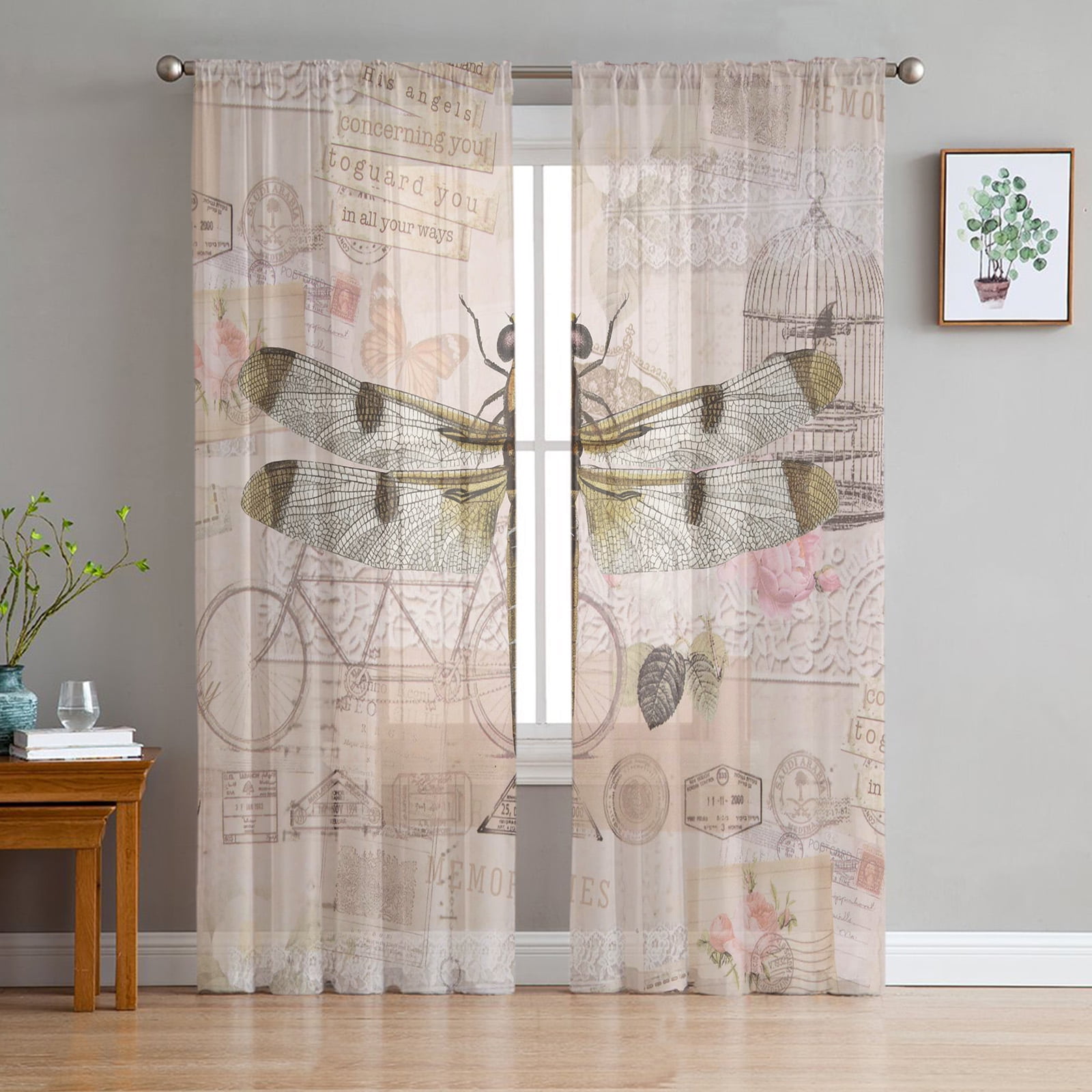 Flower Dragonfly Crown Vintage Letters Voile Tulle Sheer Curtains for ...