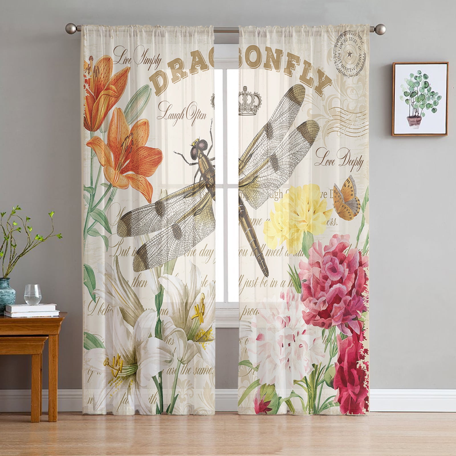 Flower Dragonfly Crown Vintage Letters Voile Tulle Sheer Curtains for ...