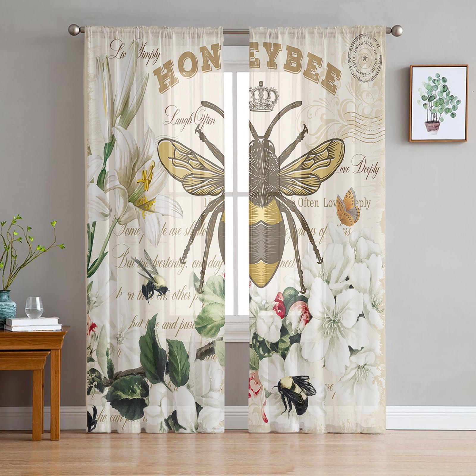 Flower Dragonfly Crown Vintage Letters Voile Tulle Sheer Curtains for ...