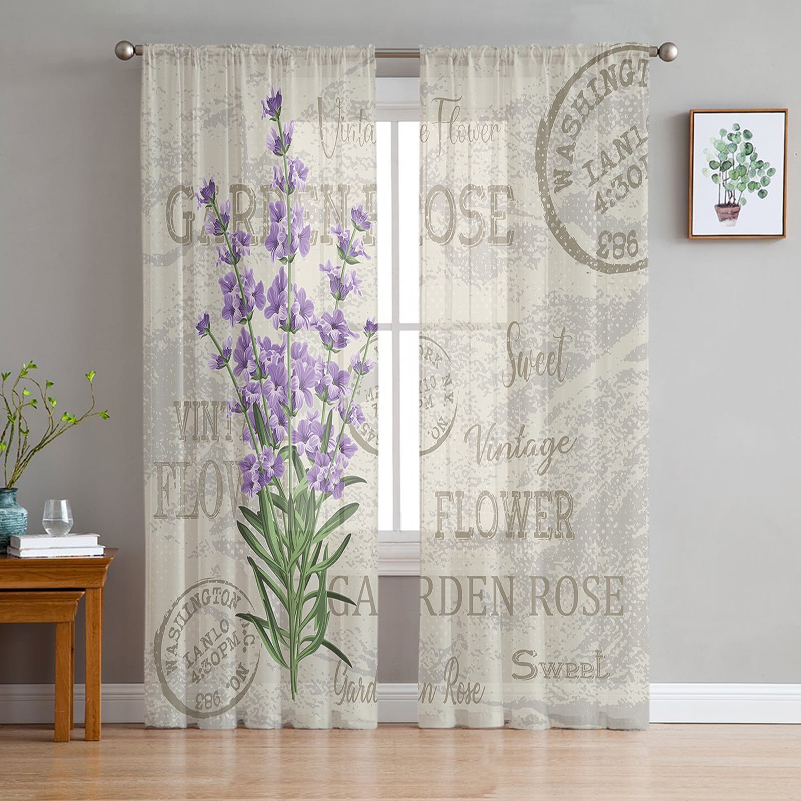 Flower Dragonfly Crown Vintage Letters Voile Tulle Sheer Curtains for ...