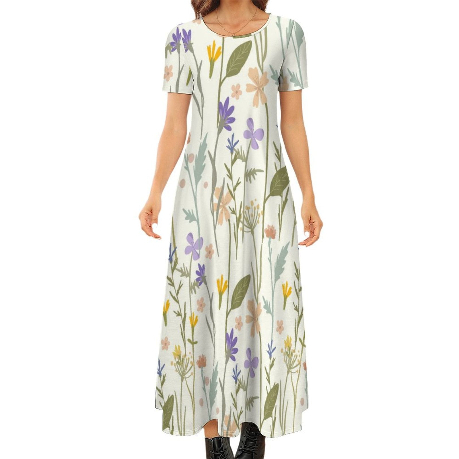 Flower Dress Maxi Dress for Women Crew Neck Beach Dress Short Sleeve ...