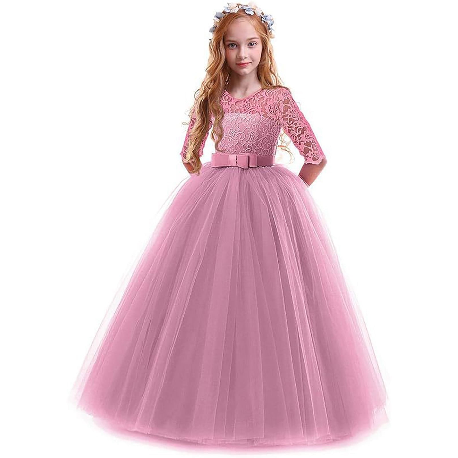 Flower Dress for Girls Lace 3/4 Sleeves Floor Length Dress Kids Formal ...