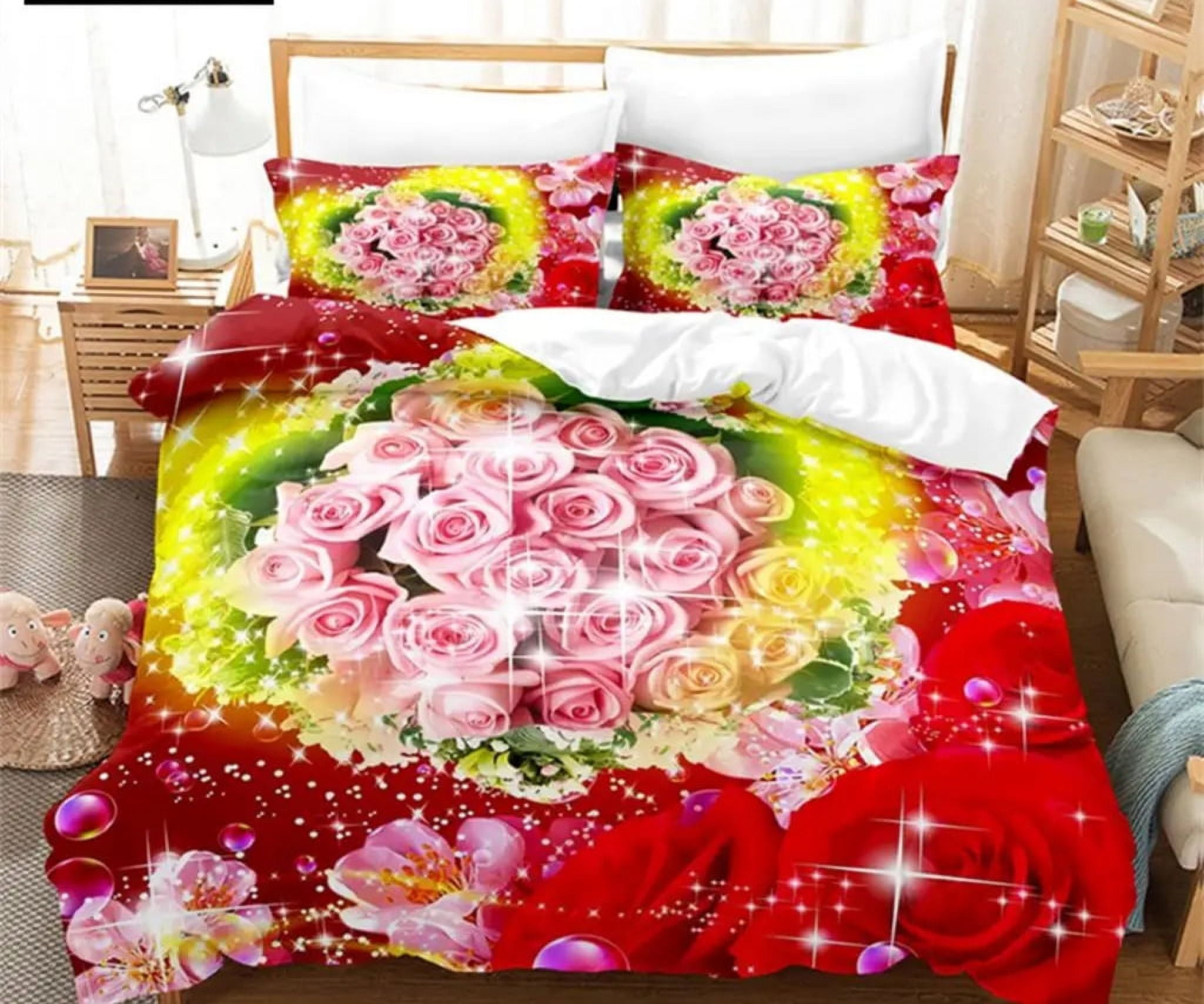 Flower Duvet Cover Set Bed Single Red Rose Quilt Cover 3D Comforter ...