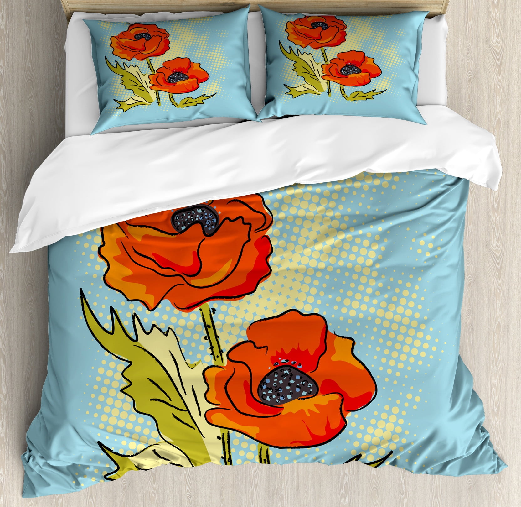 Flower Duvet Cover Set, Blooming Red Poppies Illustration on a Graphic ...
