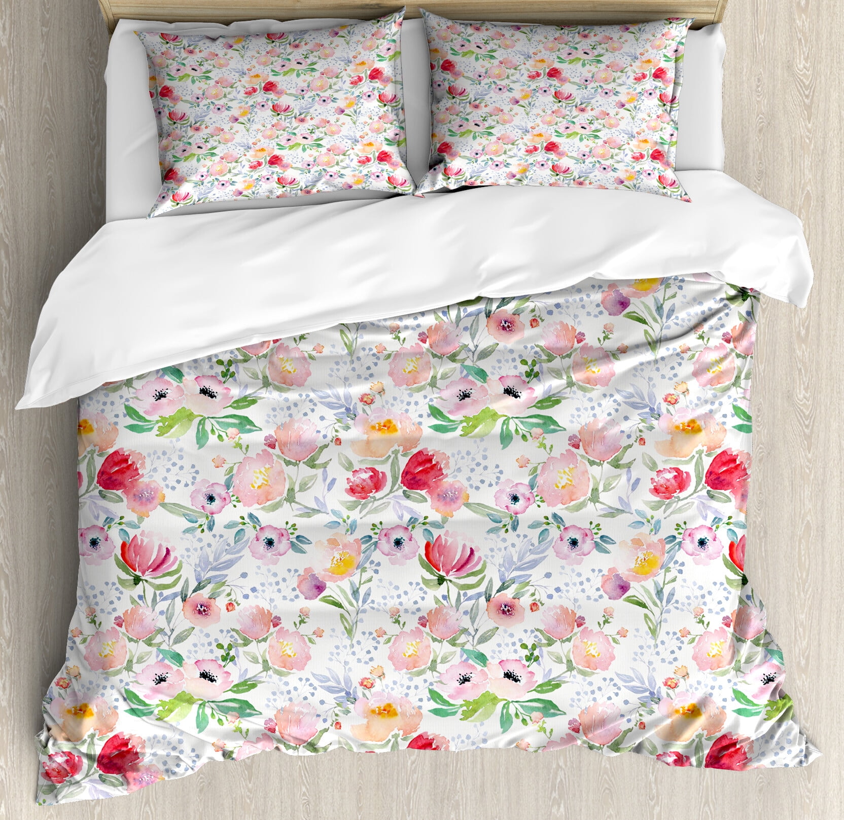 Flower Duvet Cover Set, Colorful Watercolor Effect Spring Flowers with ...