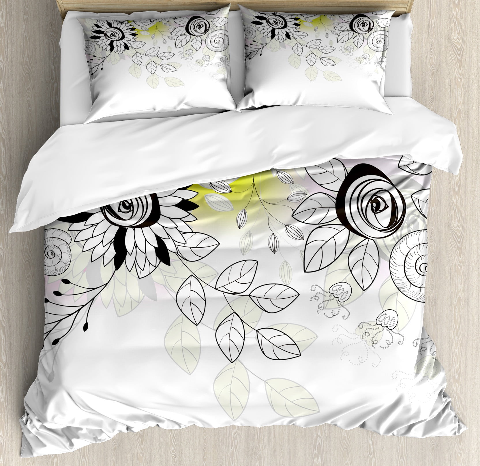 Flower Duvet Cover Set, Drawing of Wild Field Flora Snails Twigs Leaves ...