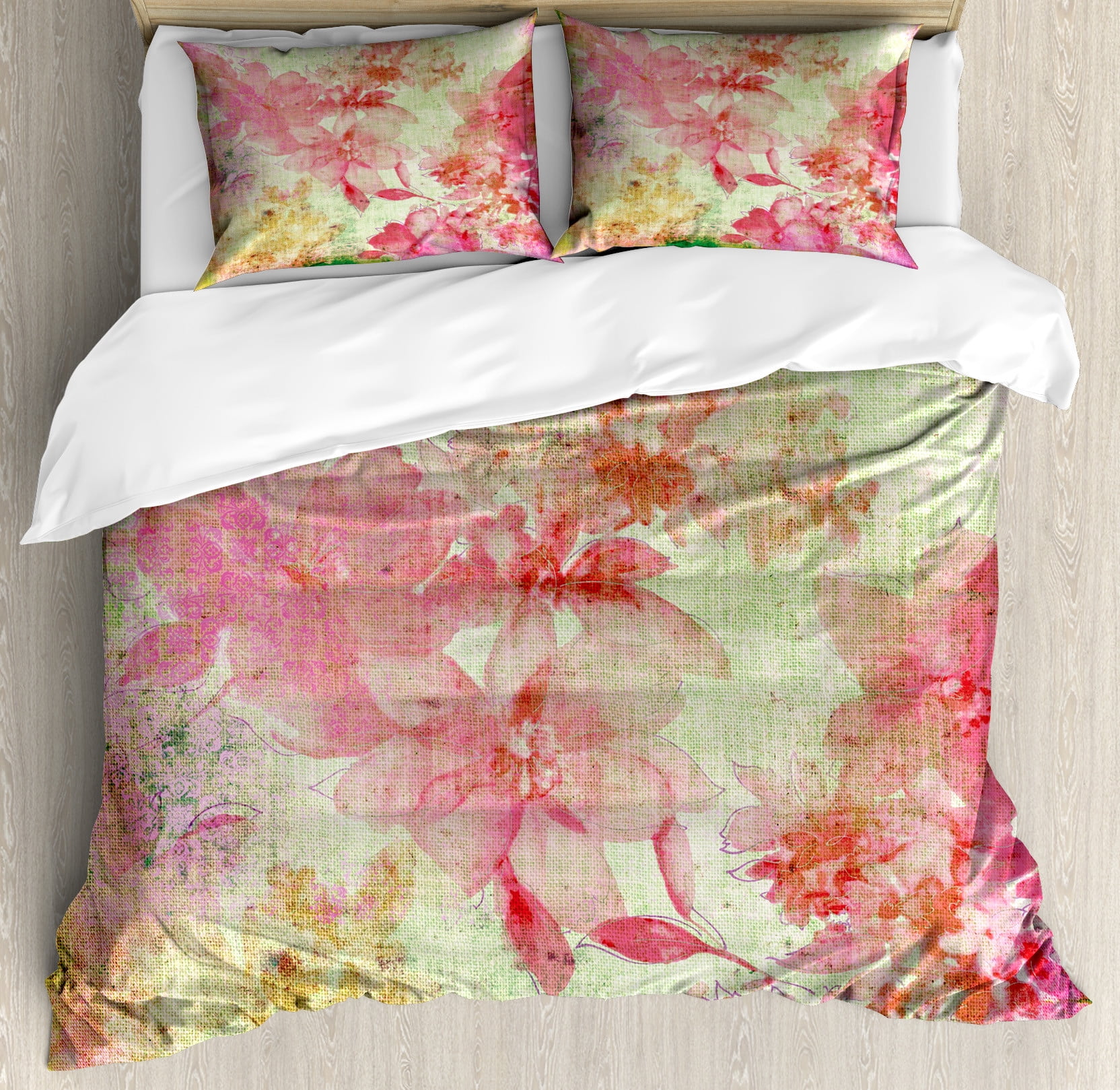 Flower Duvet Cover Set, Floral Design with a Grunge Style Dated ...