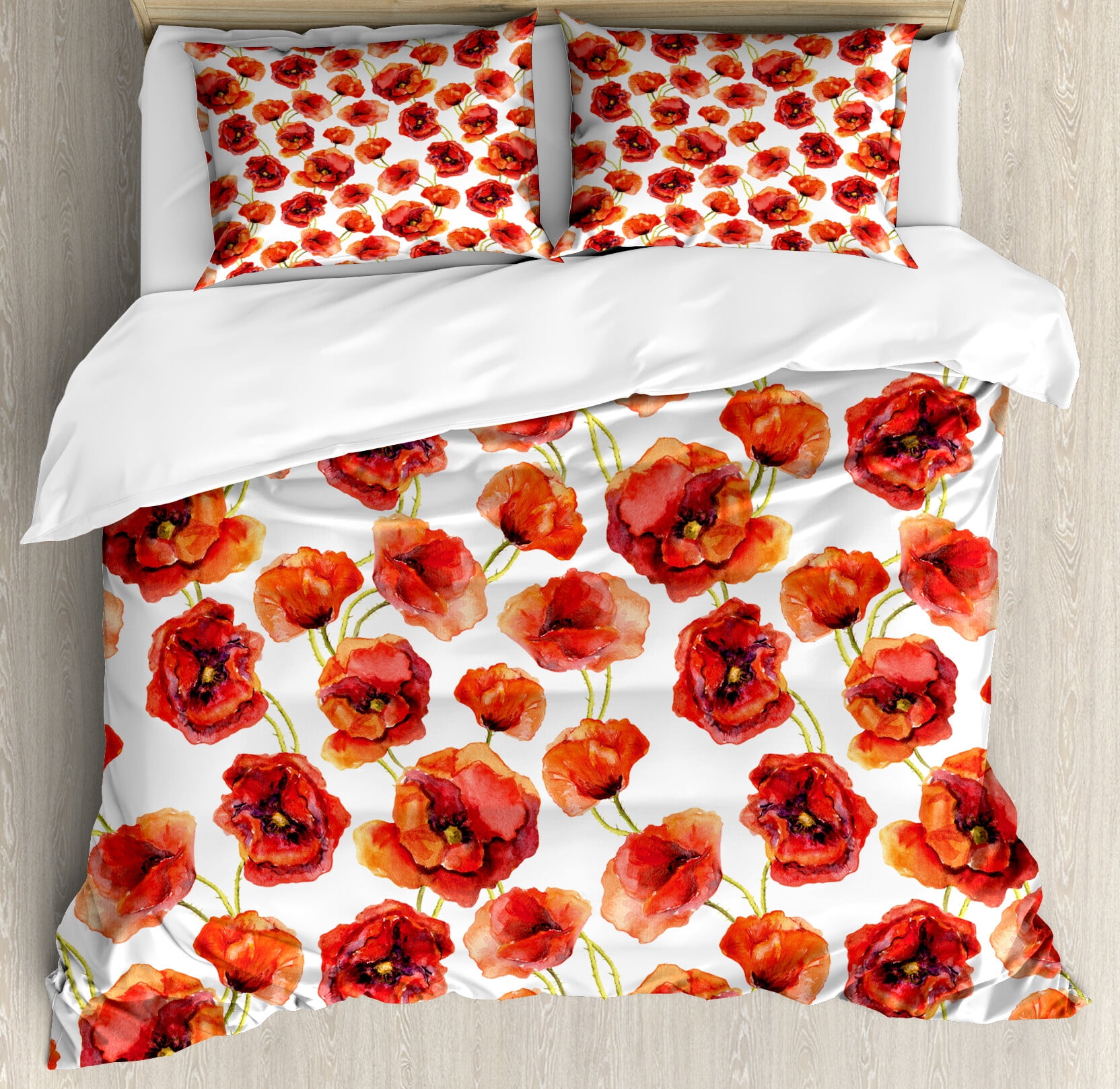 Flower Duvet Cover Set, Floral Pattern Poppies Art Grassland Print ...