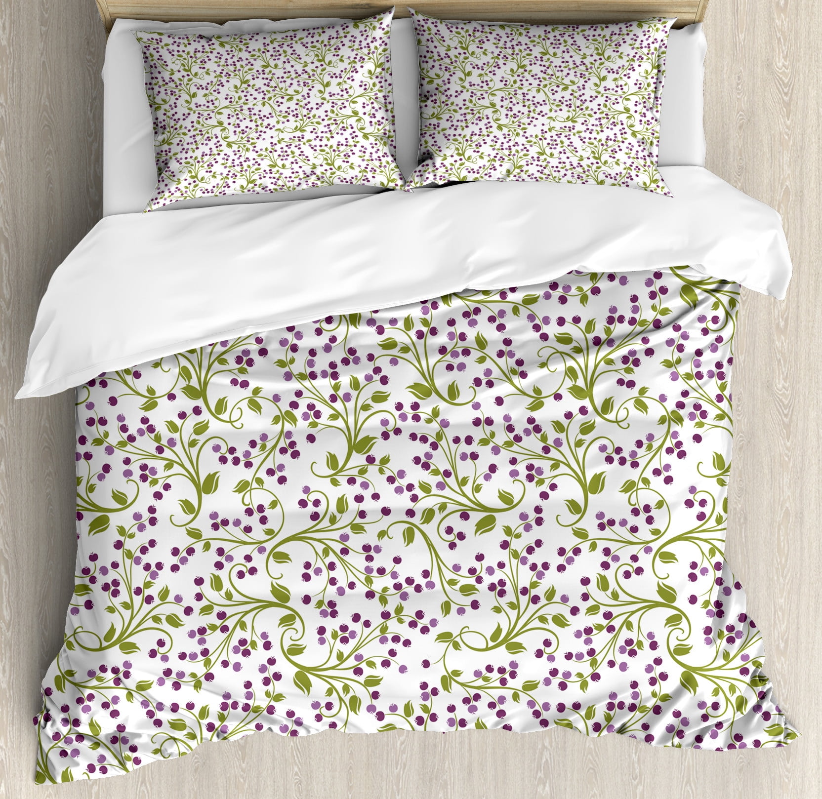 Flower Duvet Cover Set, Floral Pattern Wild Berries Ornamental Curvy Branches Foliage Fruits ...