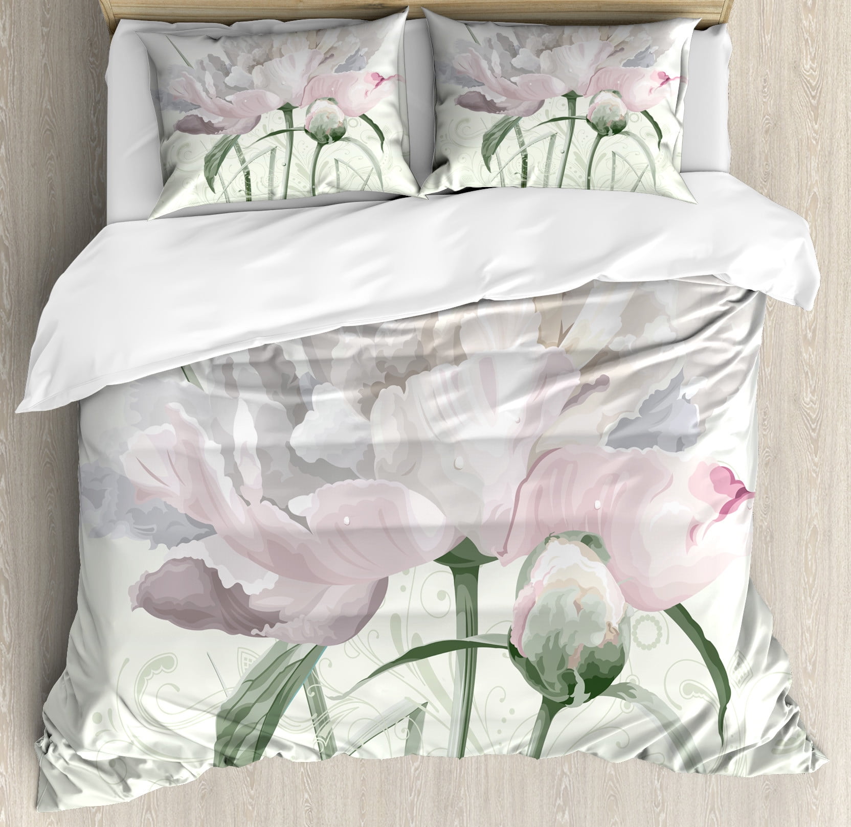 Flower Duvet Cover Set, Floral Pink Roses Tulips Abstract Garden Leaves ...