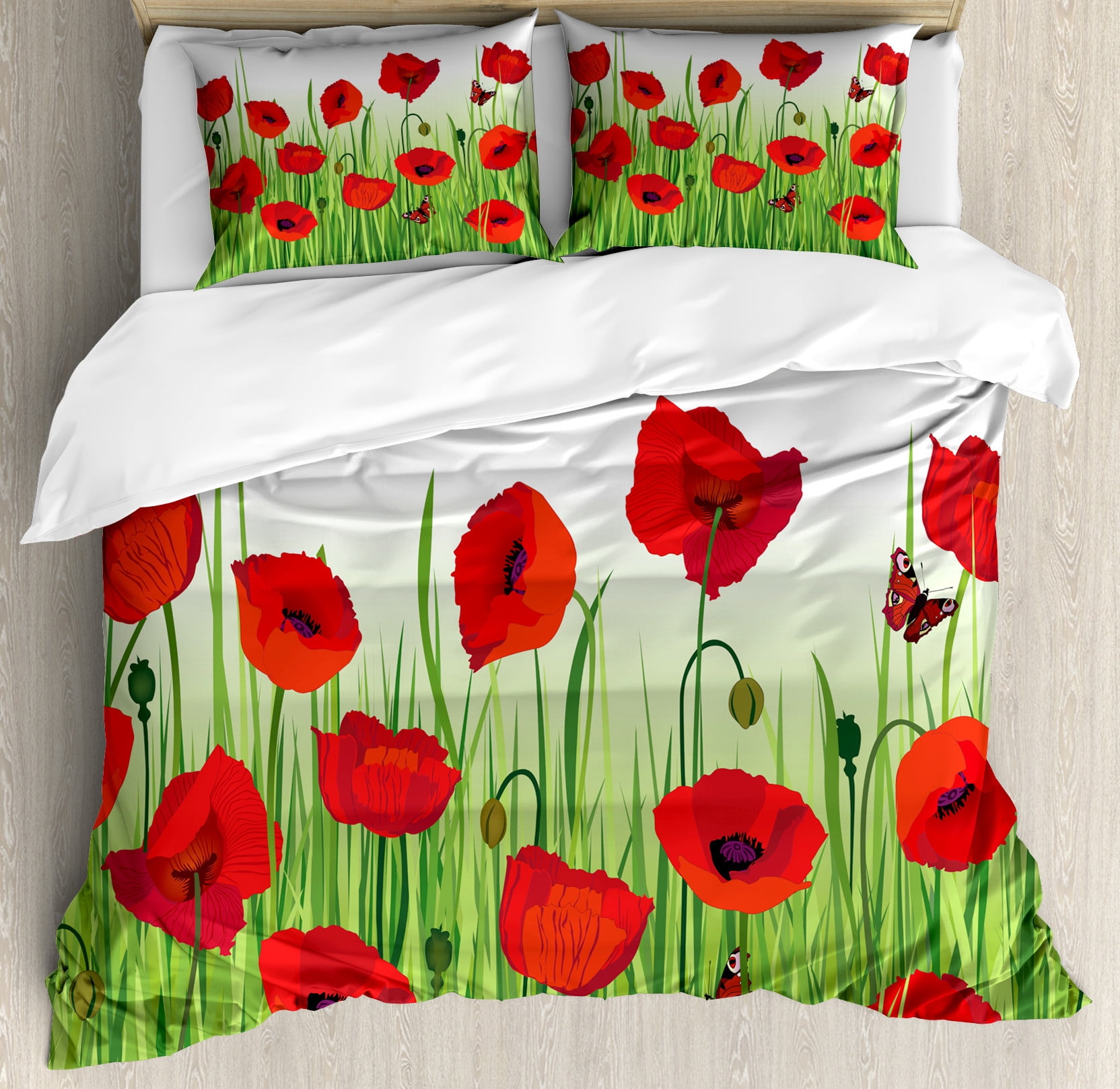 Flower Duvet Cover Set, Grass Flowers Butterfly Floral Arrangement ...