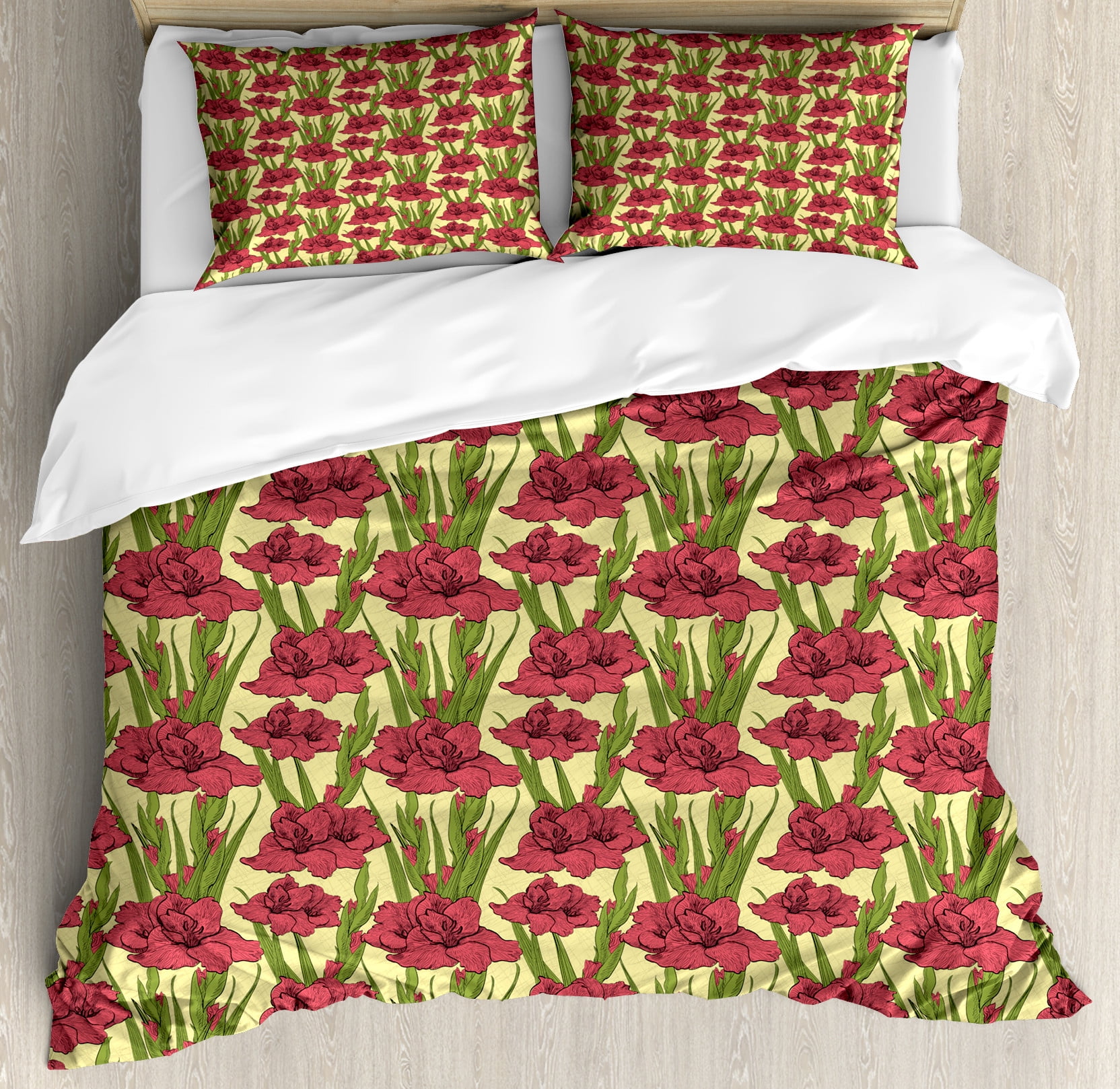 Flower Duvet Cover Set, Hand Drawn Like Sketchy Floral Pattern of Gladiolus Spring Season Blooms ...