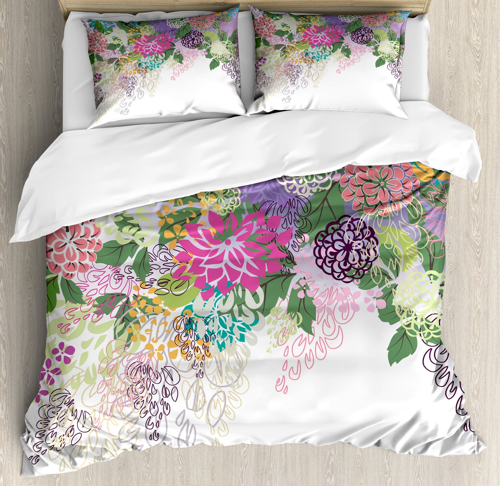 Flower Duvet Cover Set, Hand Drawn Style Graphic Floral Print Nature ...