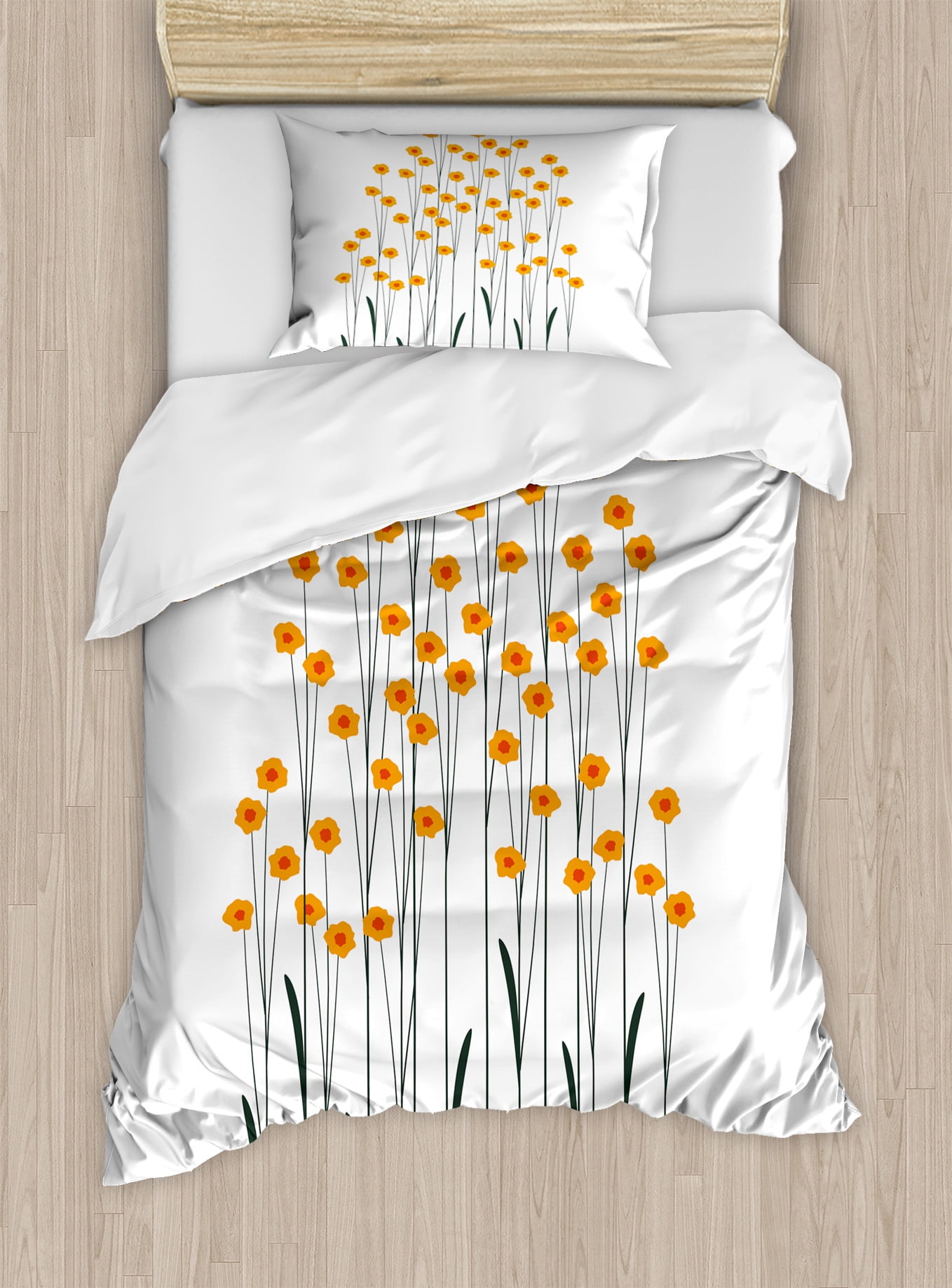 Flower Duvet Cover Set, Hand Drawn Style Yellow Daisies Like Flowers ...