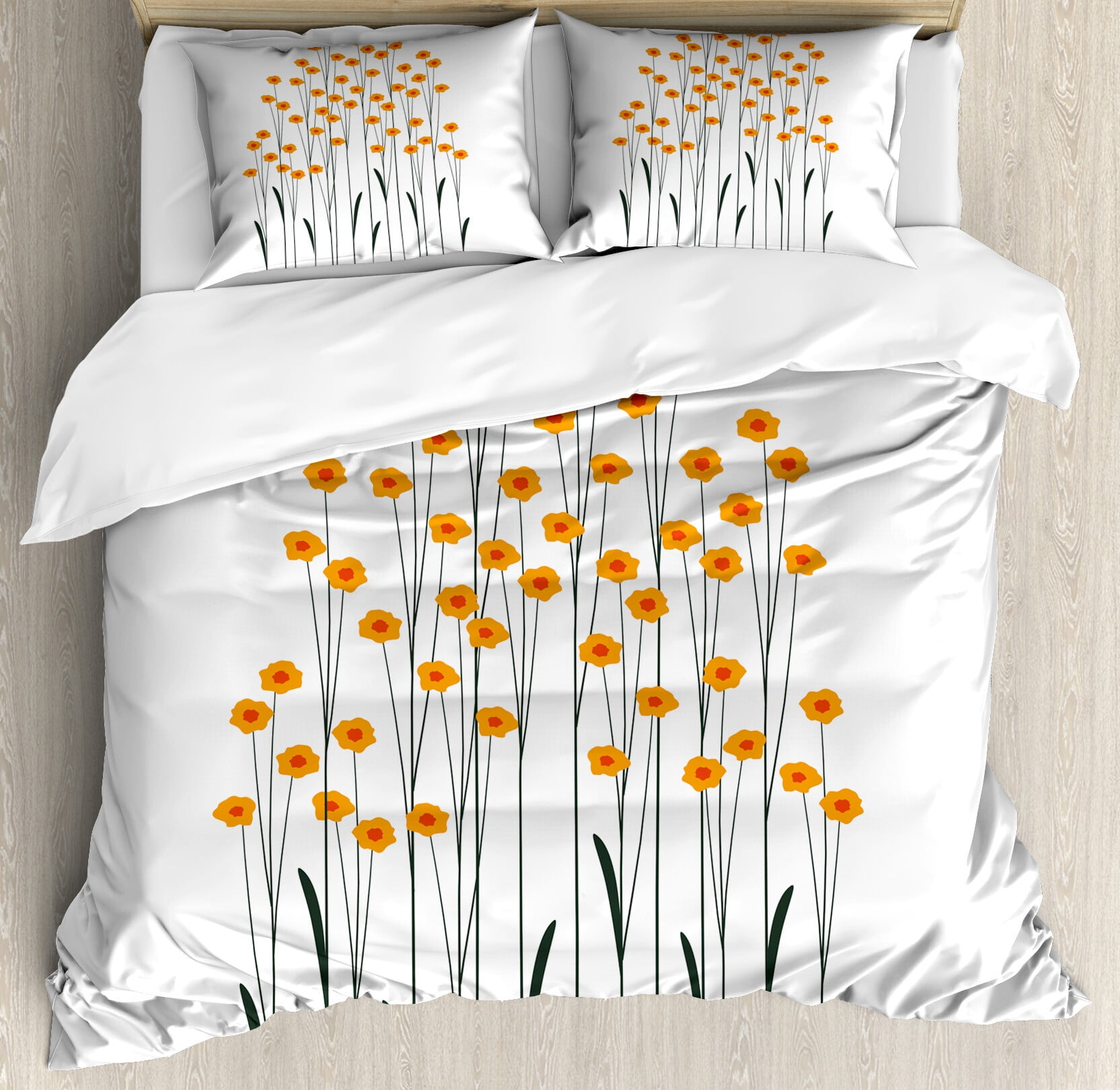 Flower Duvet Cover Set, Hand Drawn Style Yellow Daisies Like Flowers ...