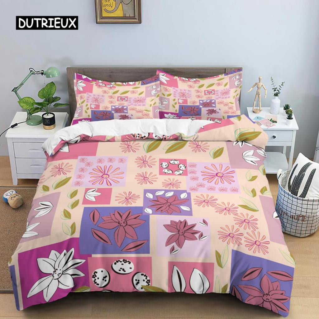 Flower Duvet Cover Set King Size Pink Flowers Green Leaves Pattern ...