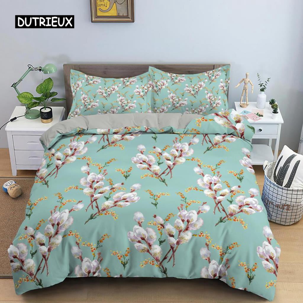 Flower Duvet Cover Set King Size Pink Flowers Green Leaves Pattern ...