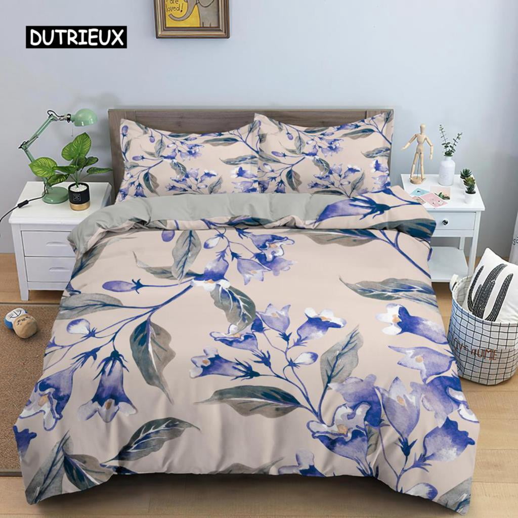 Flower Duvet Cover Set King Size Pink Flowers Green Leaves Pattern ...