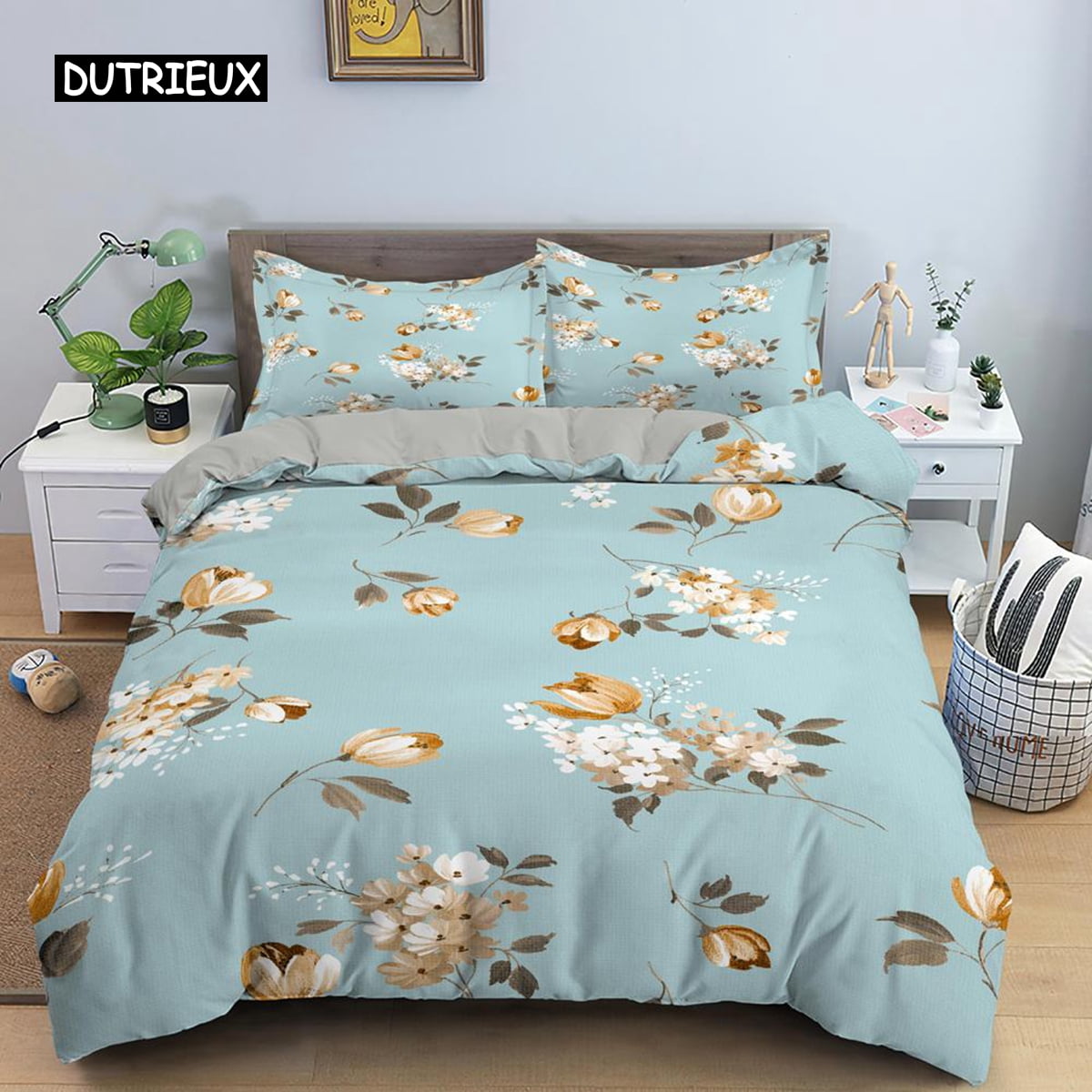 Flower Duvet Cover Set King Size Pink Flowers Green Leaves Pattern ...