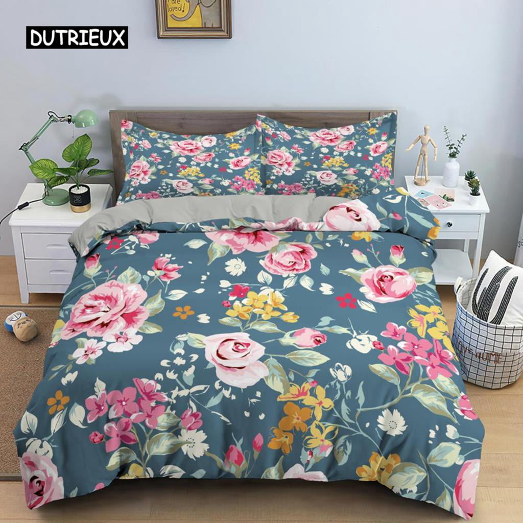 Flower Duvet Cover Set King Size Pink Flowers Green Leaves Pattern ...