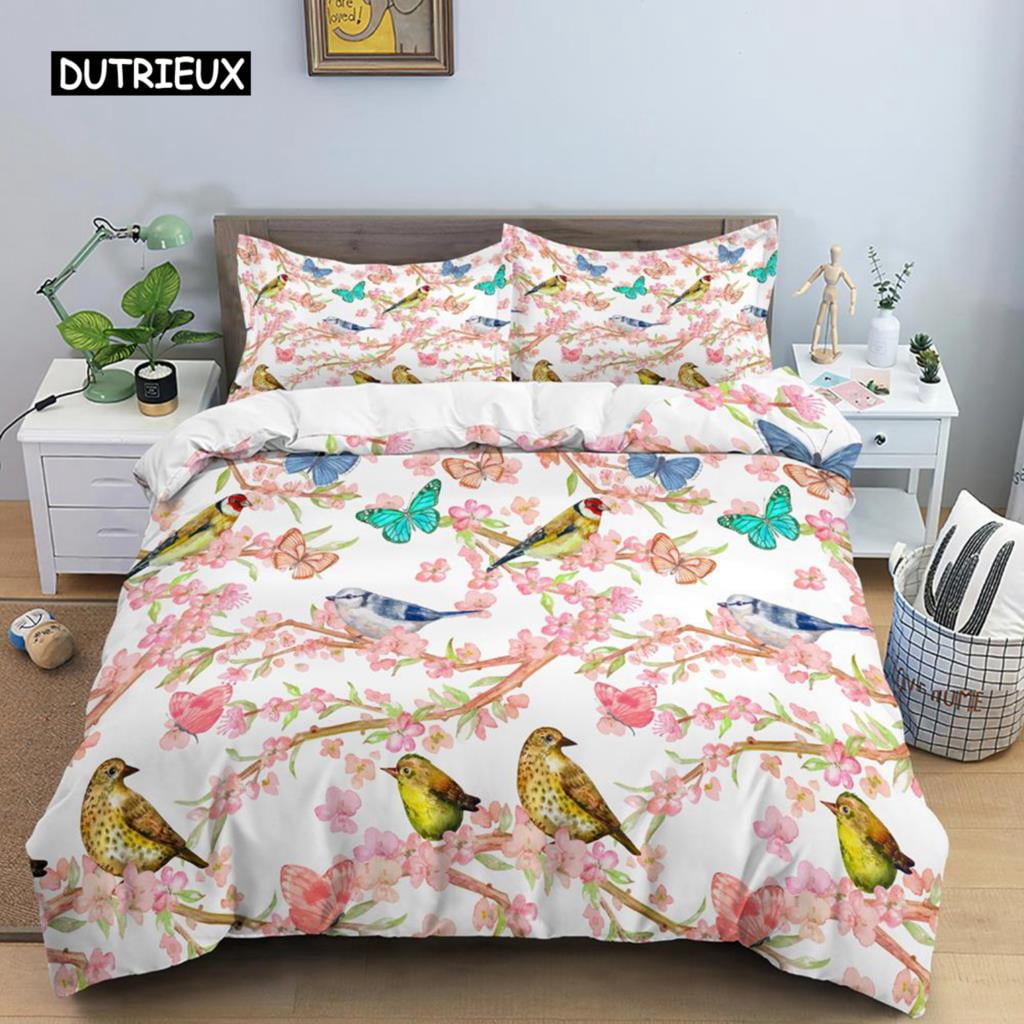 Flower Duvet Cover Set King Size Pink Flowers Green Leaves Pattern ...