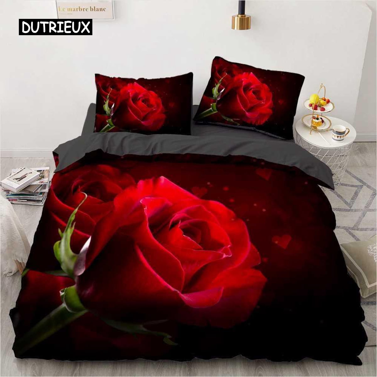 Flower Duvet Cover Set Microfiber Red Rose Bedding Set King Size Floral ...