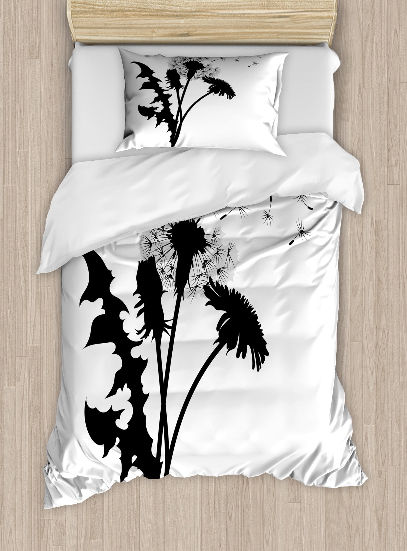 Flower Duvet Cover Set, Monochromatic Illustration of Dandelion and ...