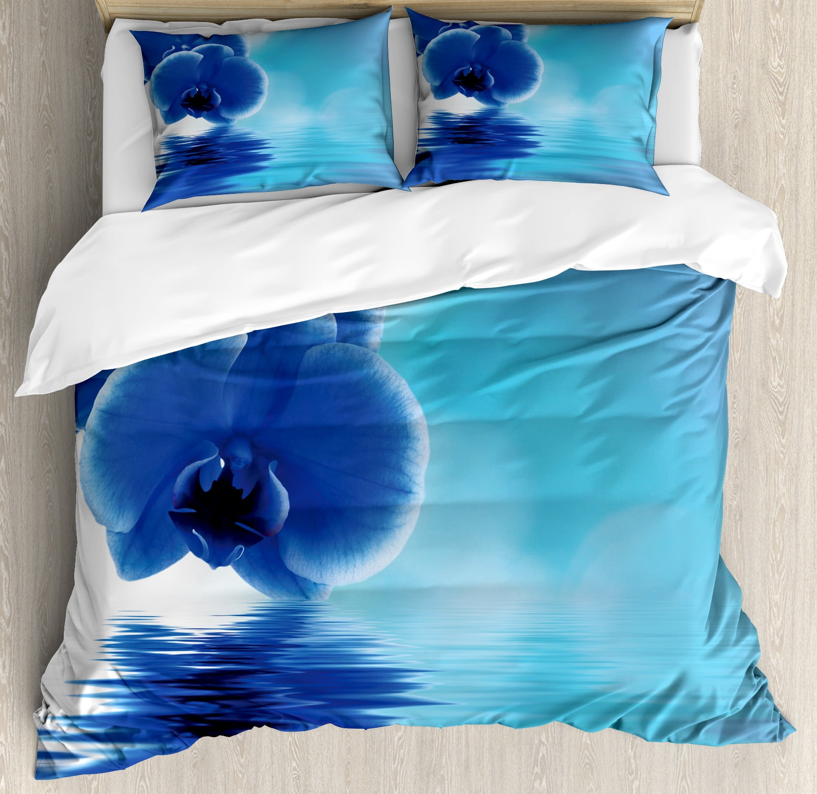 Flower Duvet Cover Set, Orchid Floral Design with Reflection to a River ...