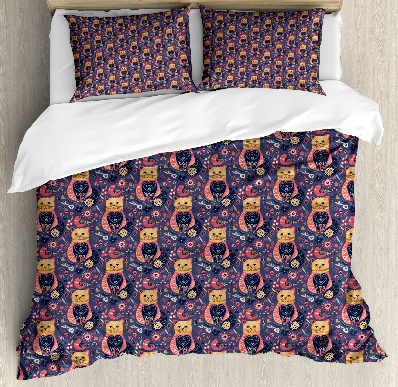 Flower Duvet Cover Set, Ornamental Doodle Cat in Funky Tribal Floral ...