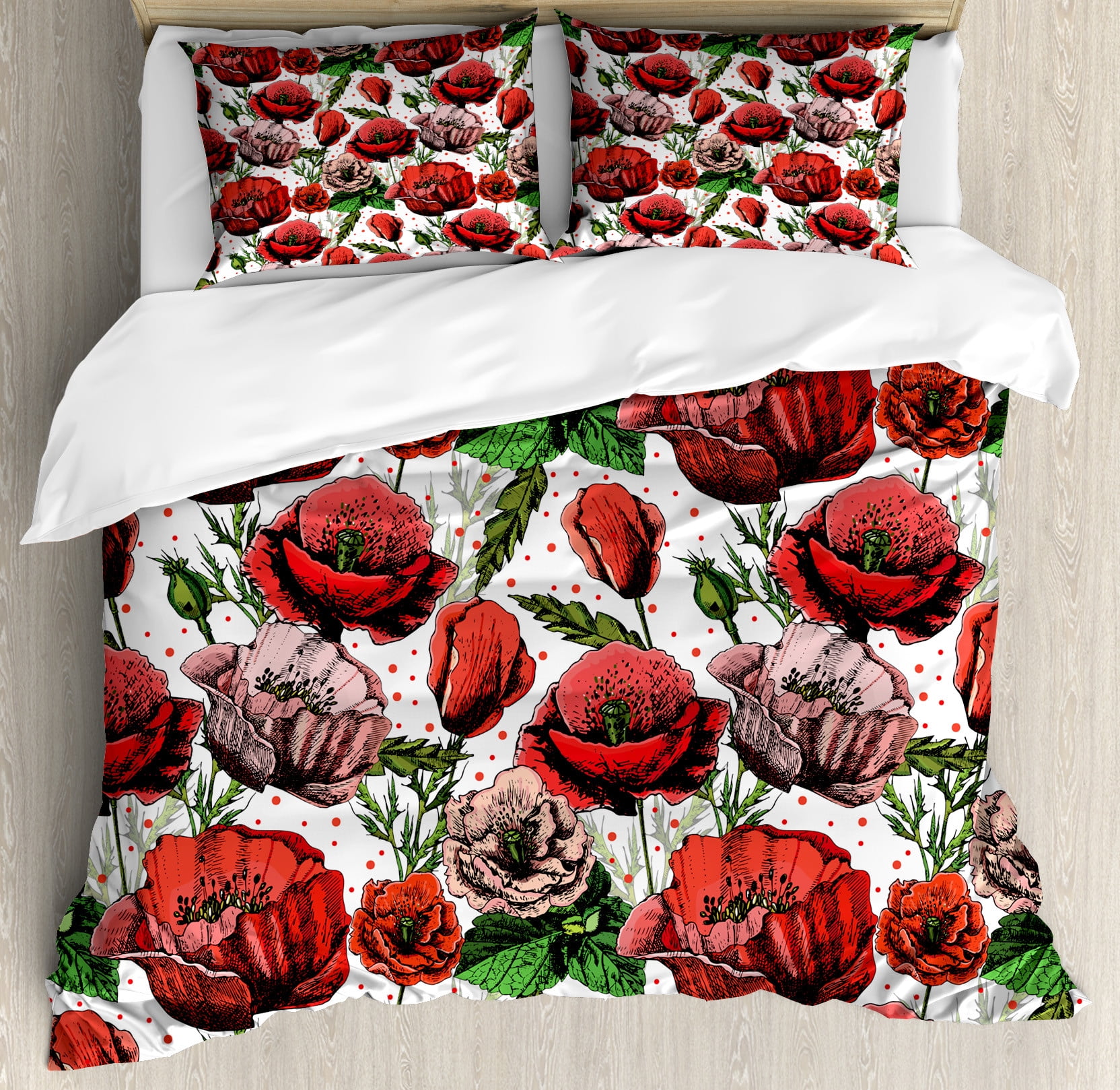 Flower Duvet Cover Set, Pattern with Colorful Poppy Flowers Polkadot ...