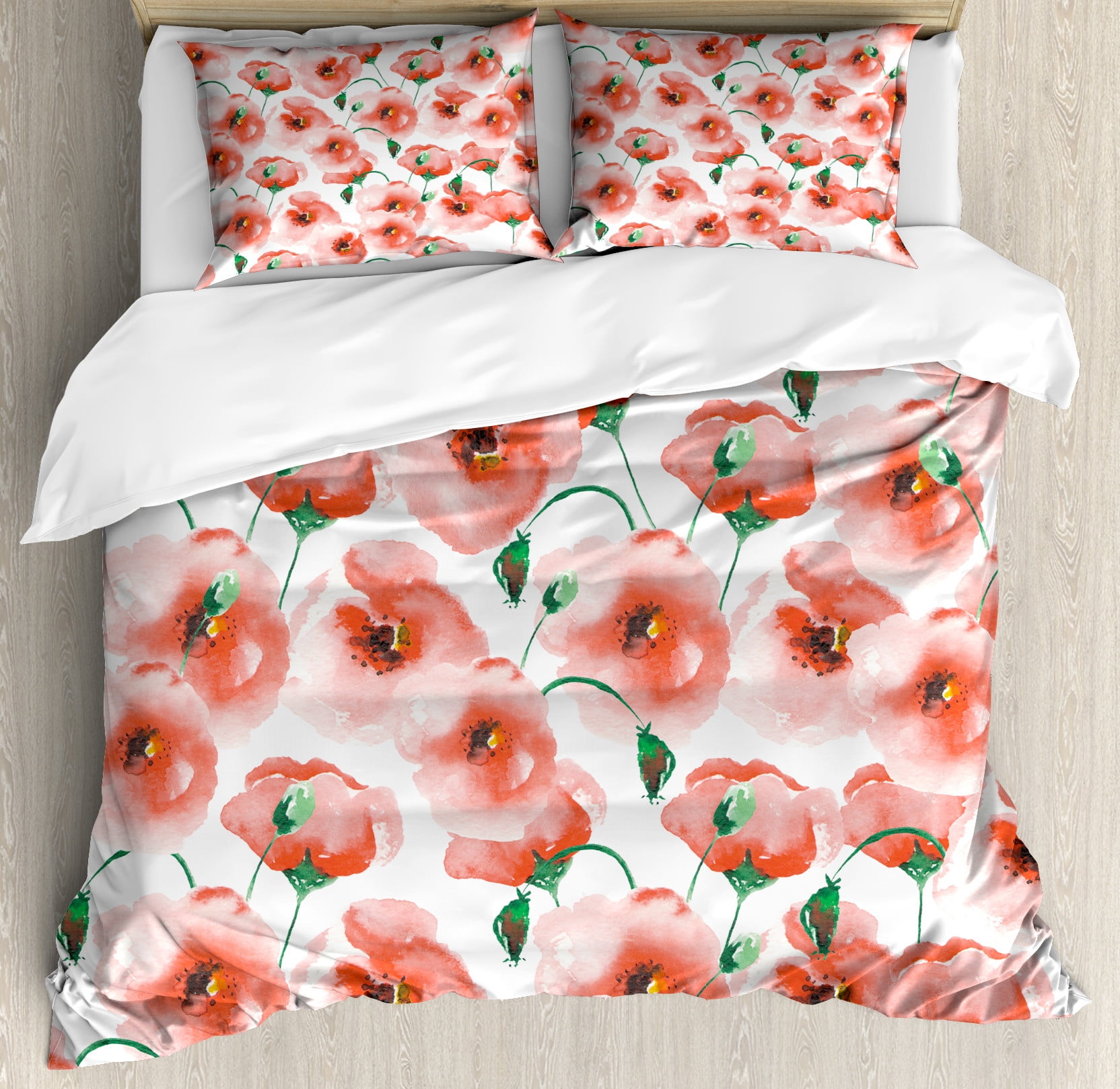 Flower Duvet Cover Set, Poppies Pattern Twigs Bouquet Ornament Soft ...
