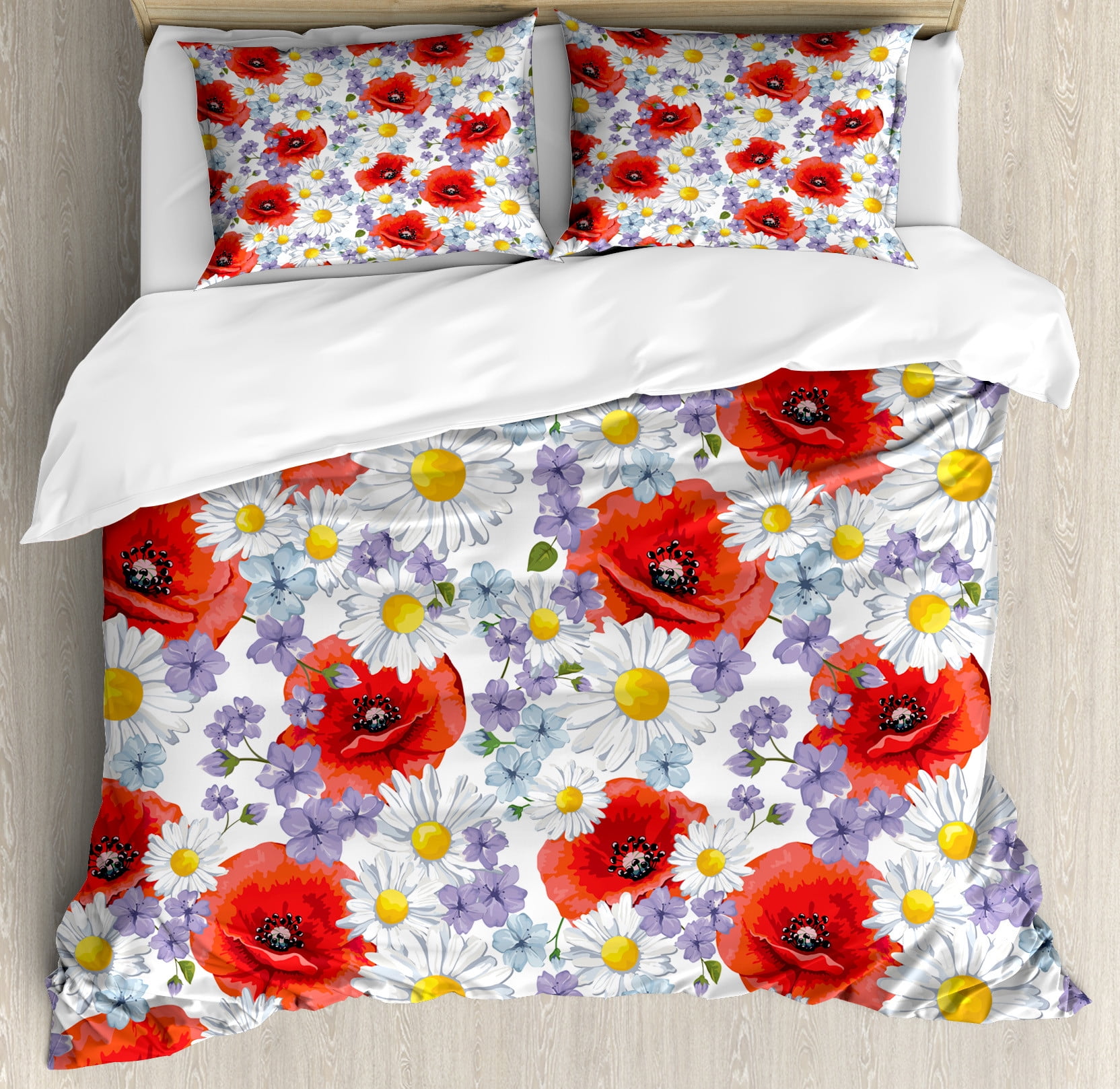 Flower Duvet Cover Set, Purple Flowers Poppy and Daisy Summer Nature ...