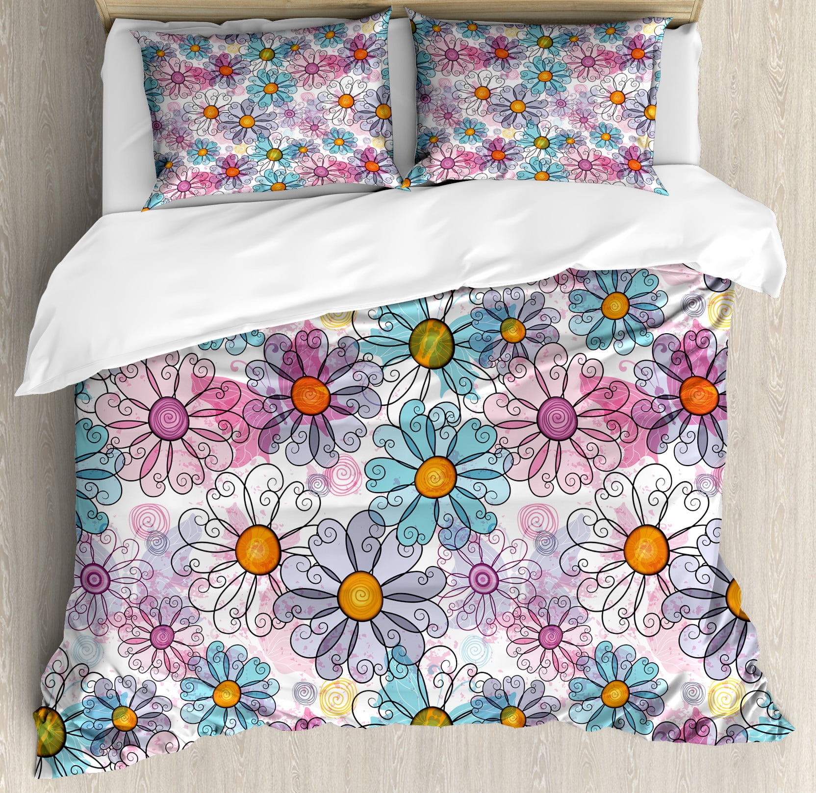 Flower Duvet Cover Set, Retro Spring Floral Pattern Grunge Funky Style ...