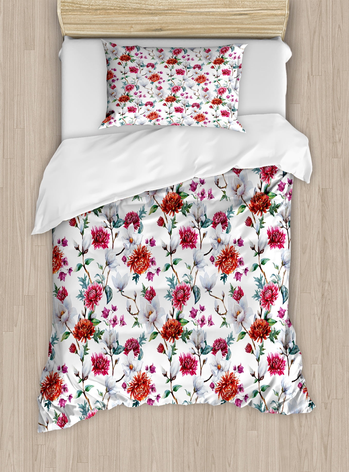 Flower Duvet Cover Set, Romantic Magnolia and Chrysanths Moms Flowering ...