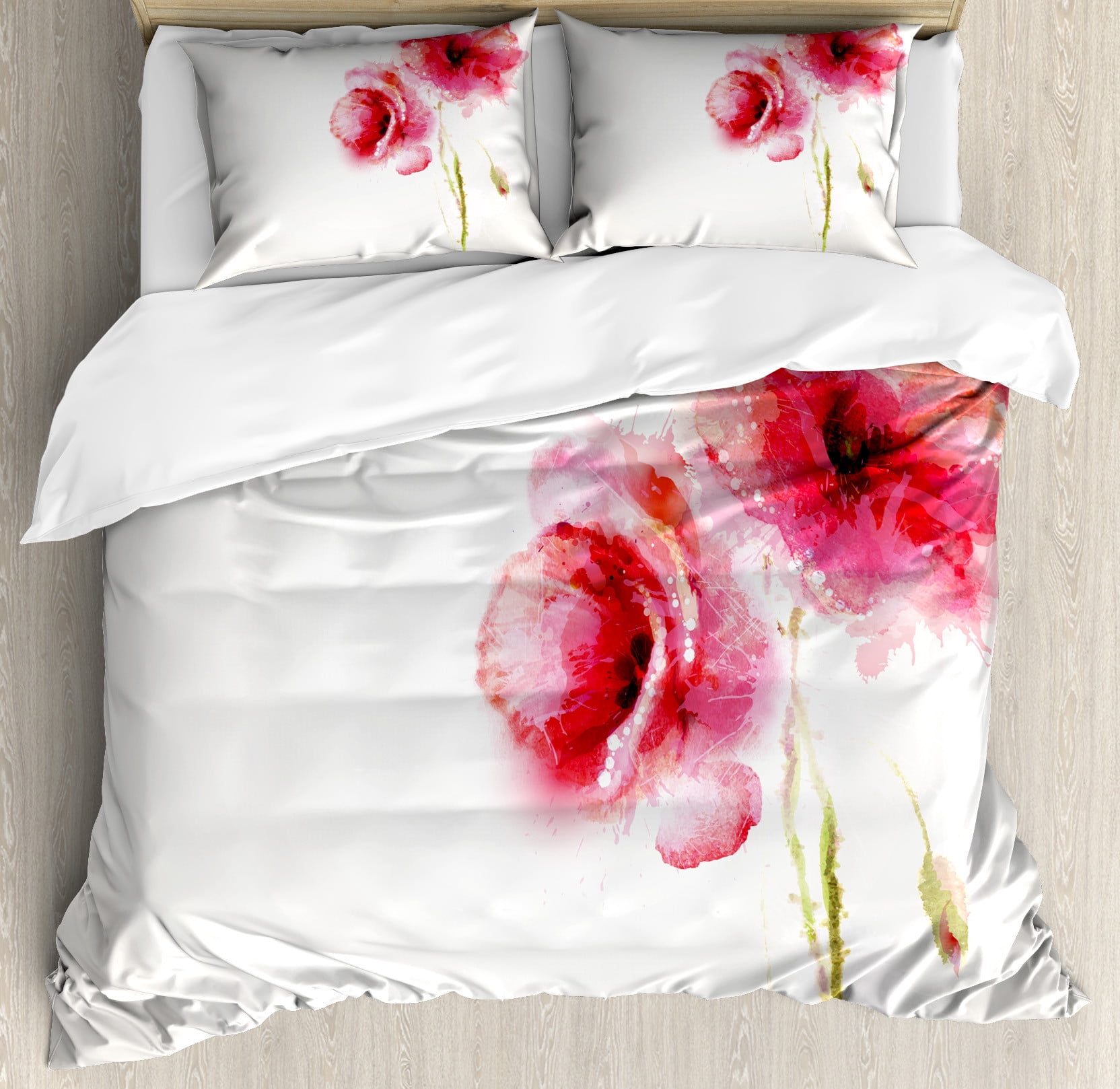 Flower Duvet Cover Set, Spring Season Vivid Florals Red Poppies ...