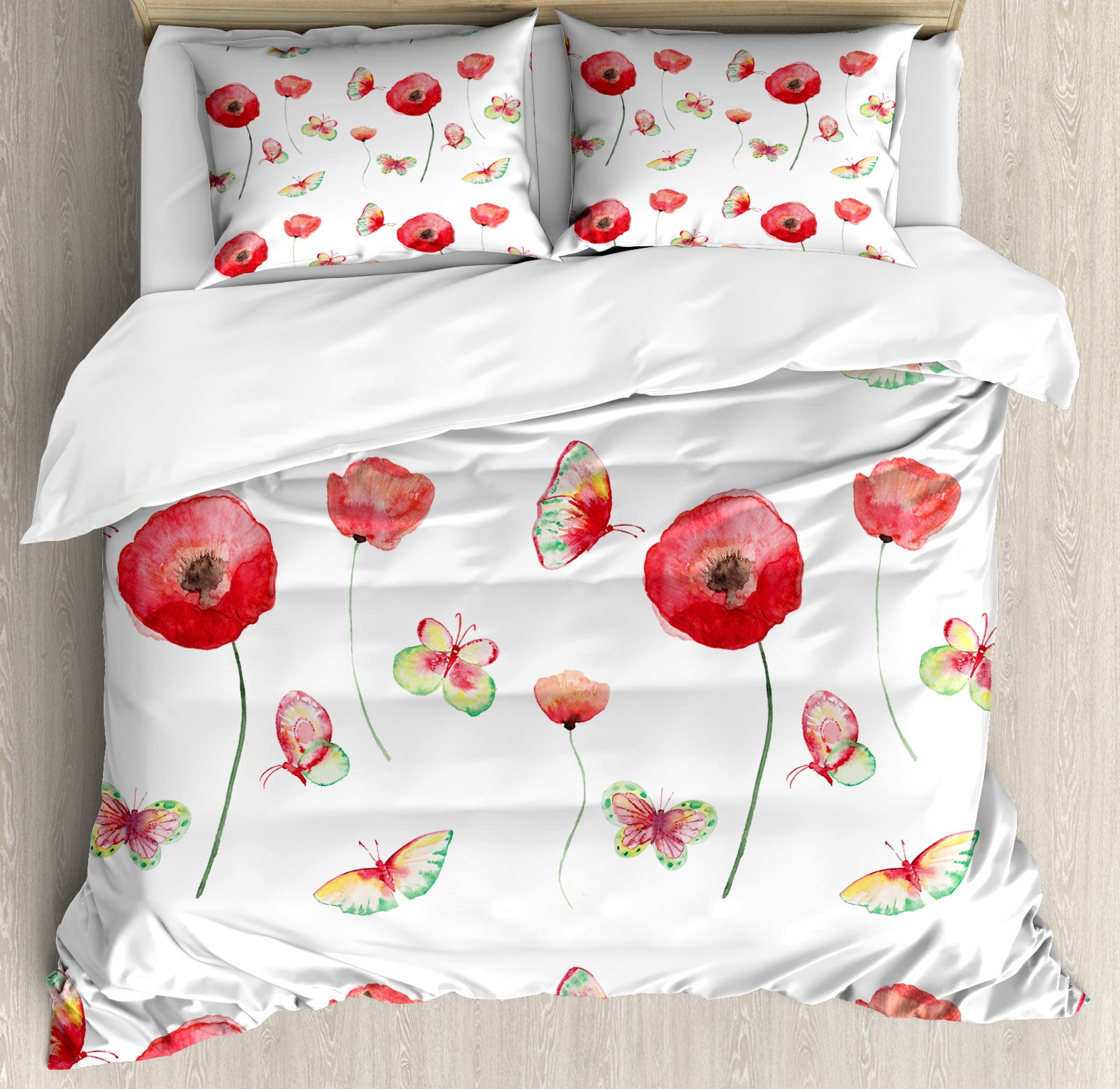Flower Duvet Cover Set, Vintage Pattern with Poppy and Butterfly ...