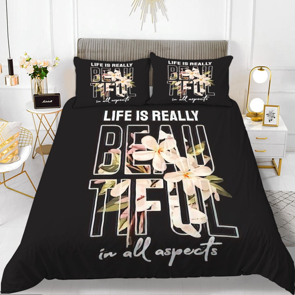 Flower Duvet Cover Set Words White Background with Colourful Flowers ...