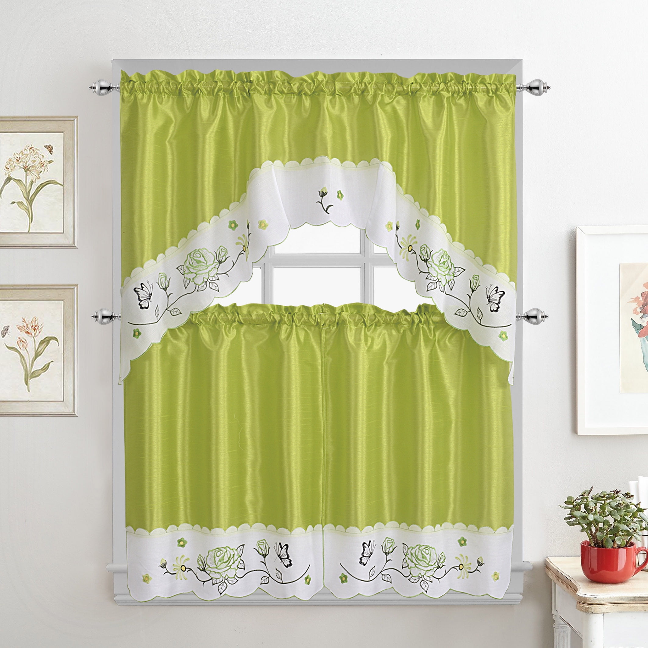 Flower Embroidered 3-Piece Kitchen Curtain Tiers & Swag Set, Green ...