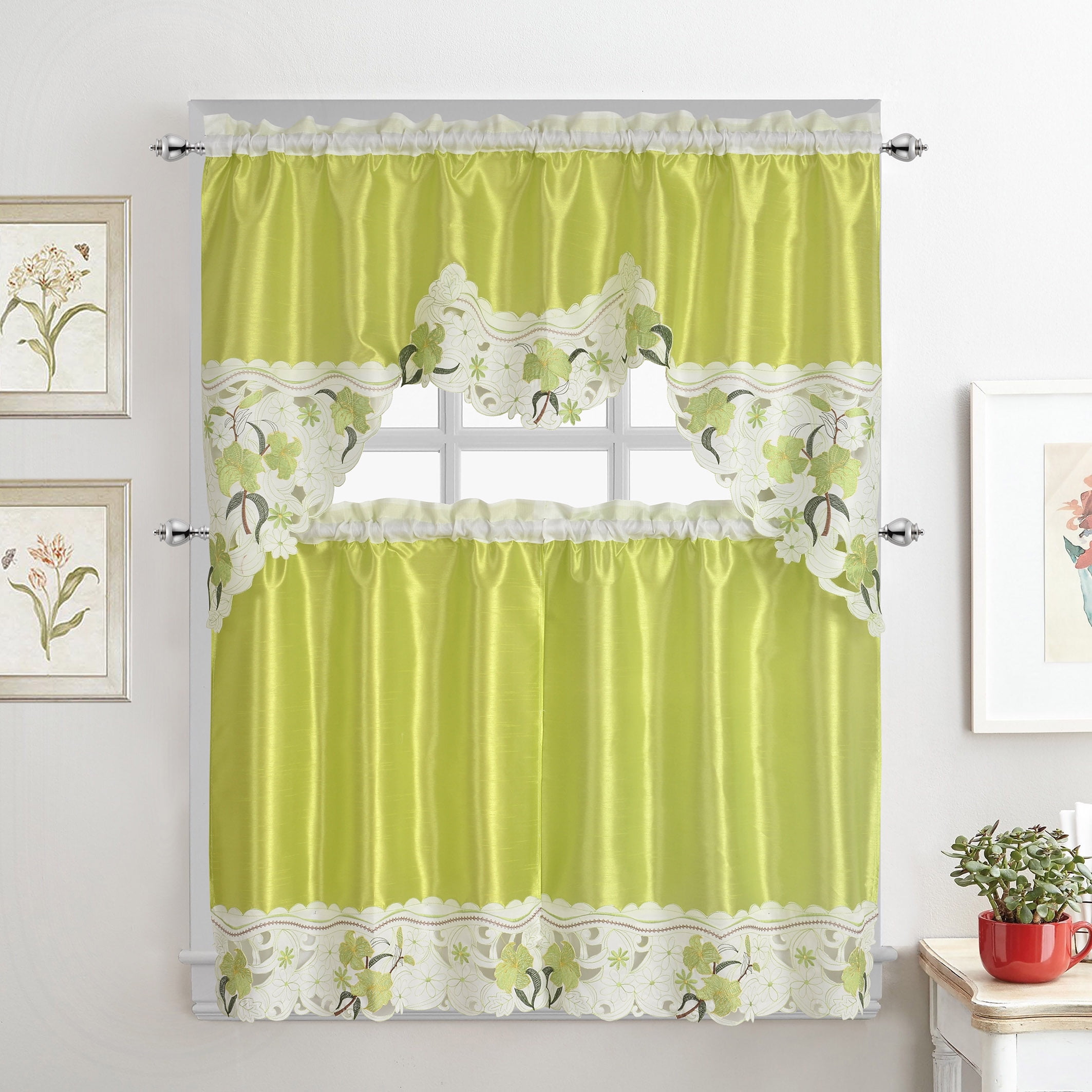 Flower Embroidered 3-Piece Kitchen Curtain Tiers & Swag Set, Lemon ...