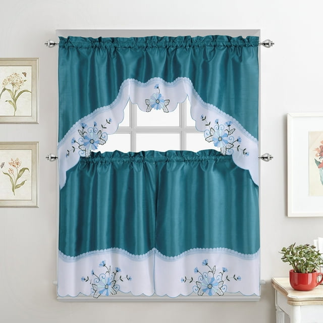 Flower Embroidered 3-Piece Kitchen Curtain Tiers & Swag Set, Turquoise ...