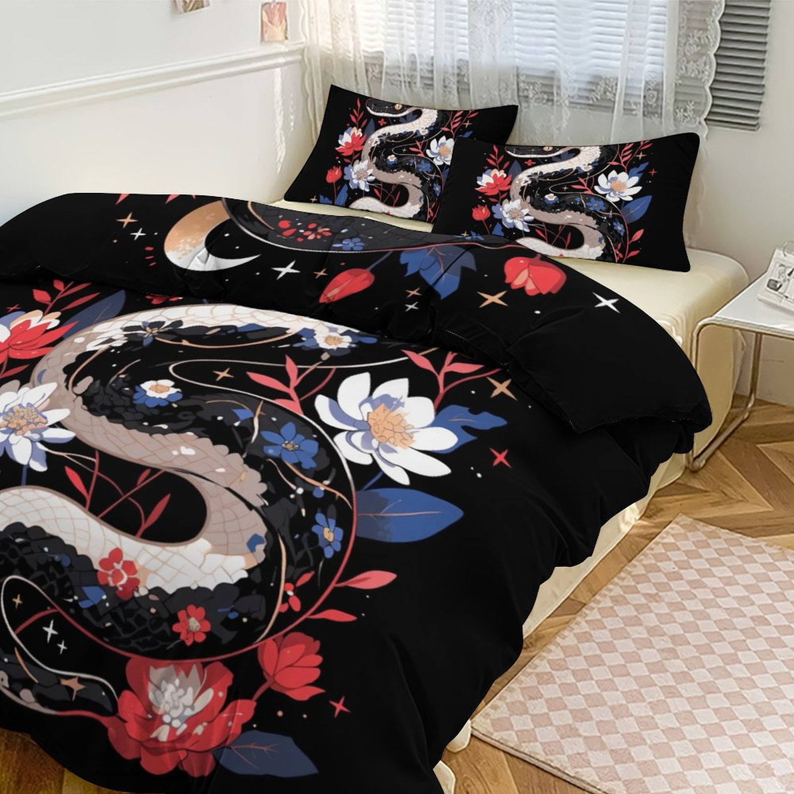 Flower Entwined Snake 79"x90" 3 Pcs Soft Bedding Set Includes 1 Duvet ...