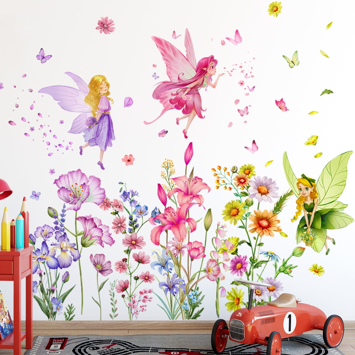 Flower Fairy Wall Stickers Butterfly Girl Wall Decals Removable Vinyl ...