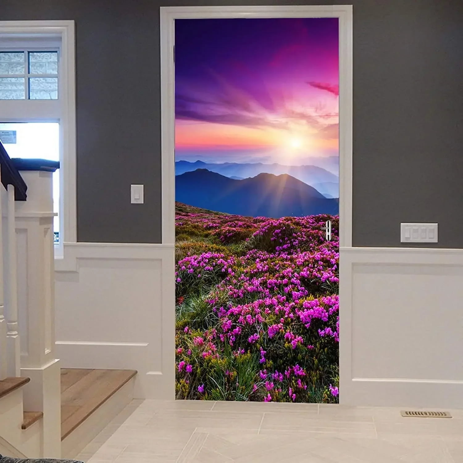 Flower Field Mountain Door Stickers Sunlight Floral Door Decals Natural ...