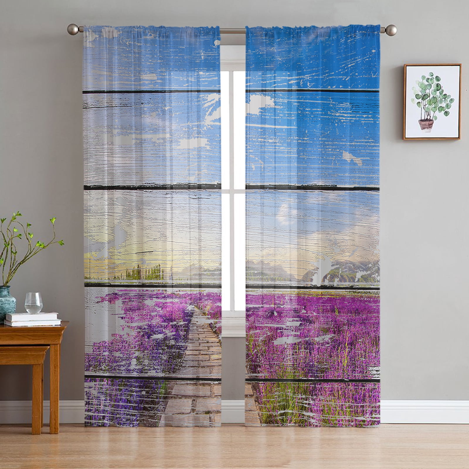 Flower Field Purple Lavender Scenery Sheer Voile Curtains for Living ...