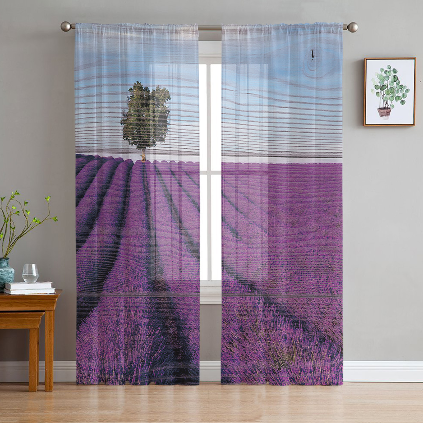 Flower Field Purple Lavender Scenery Sheer Voile Curtains for Living ...
