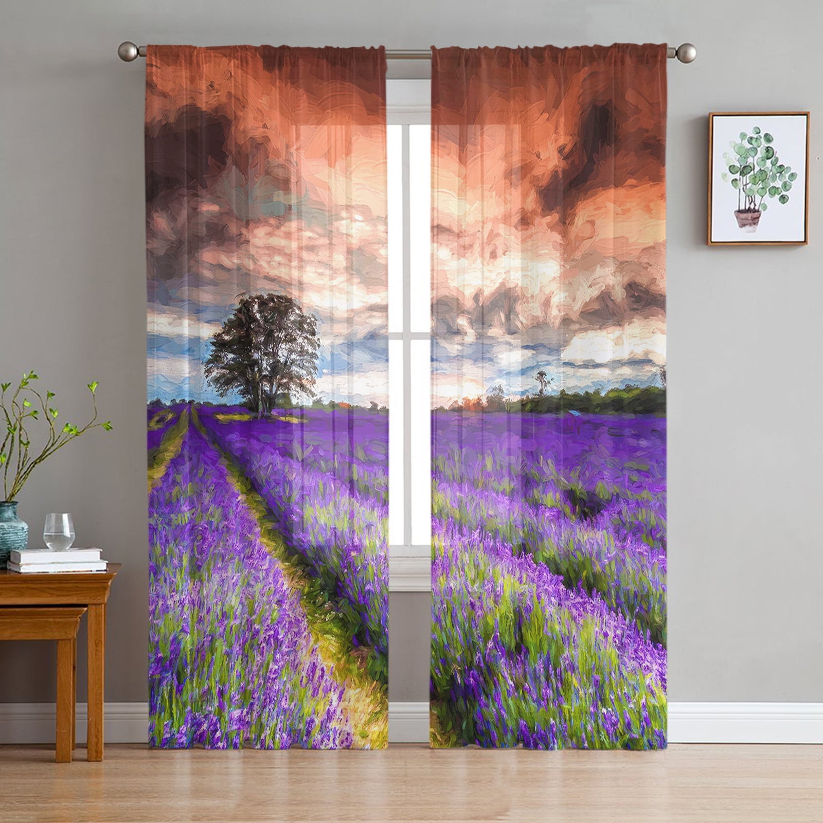 Flower Field Purple Lavender Scenery Sheer Voile Curtains for Living ...