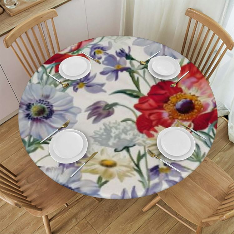 Flower Fitted Round Tablecloth, Purple Flowers Poppy and Daisy Summer ...