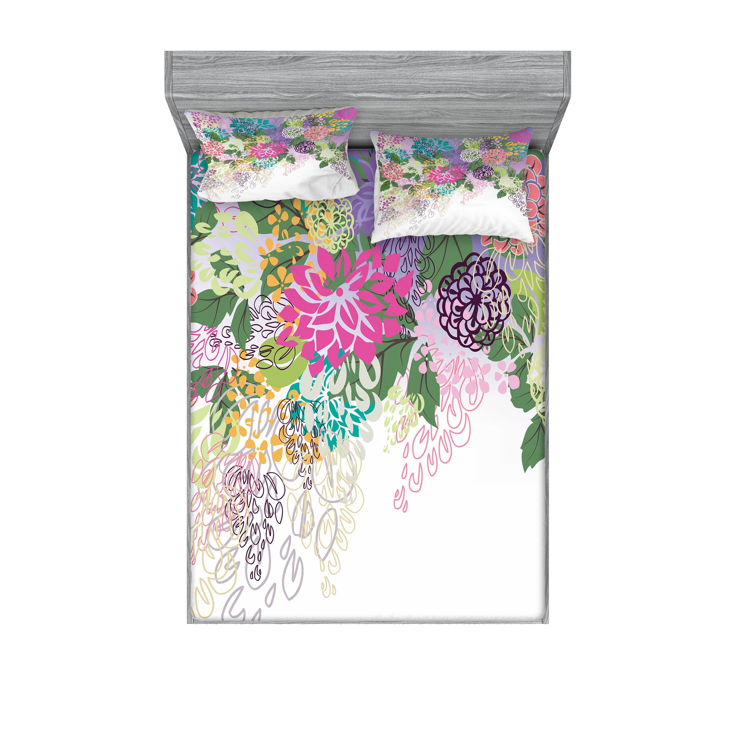 Flower Fitted Sheet & Pillow Sham Set, Hand Drawn Style Graphic Floral ...