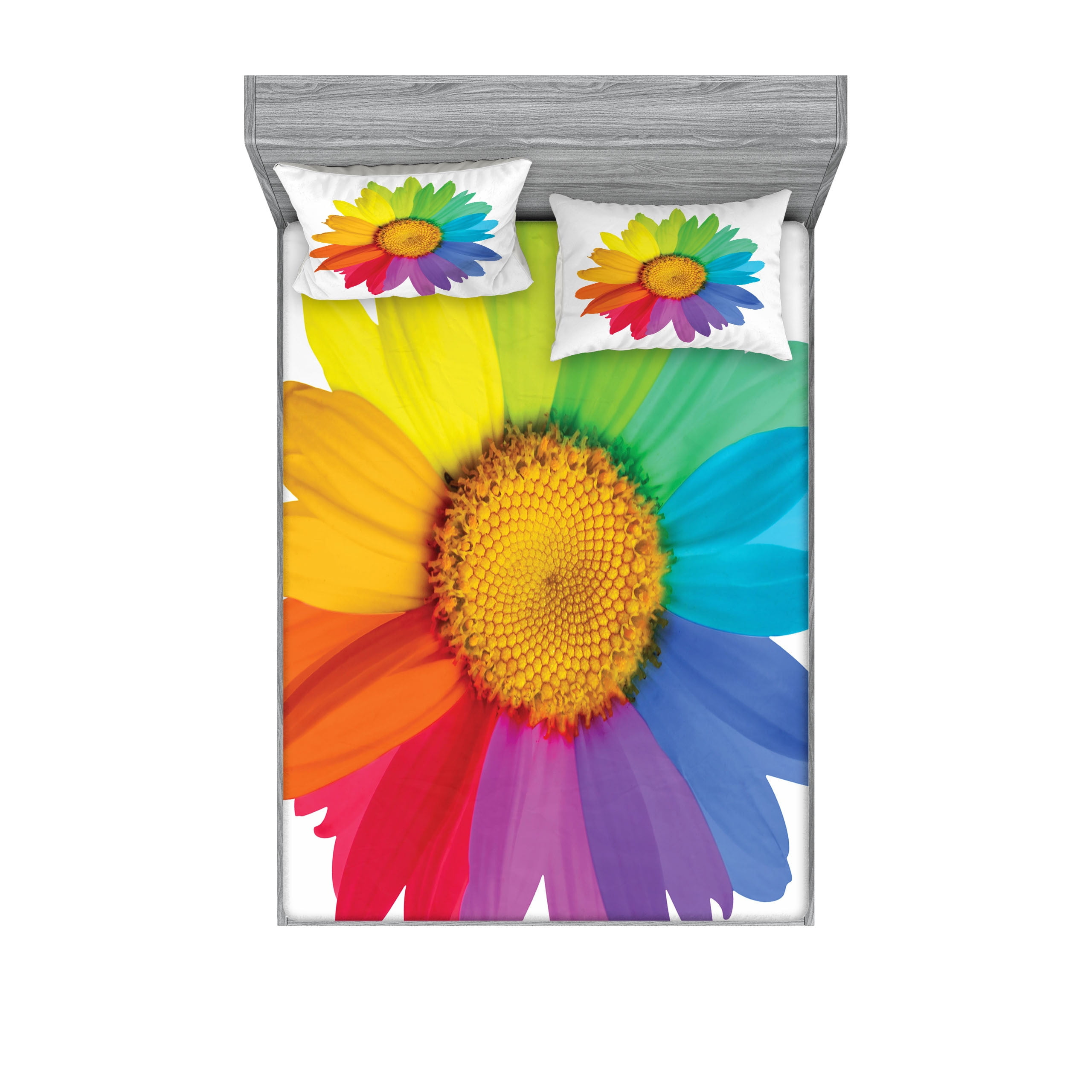 Flower Fitted Sheet & Pillow Sham Set, Rainbow Colored Sunflower or Daisy Spring Inspired Image ...